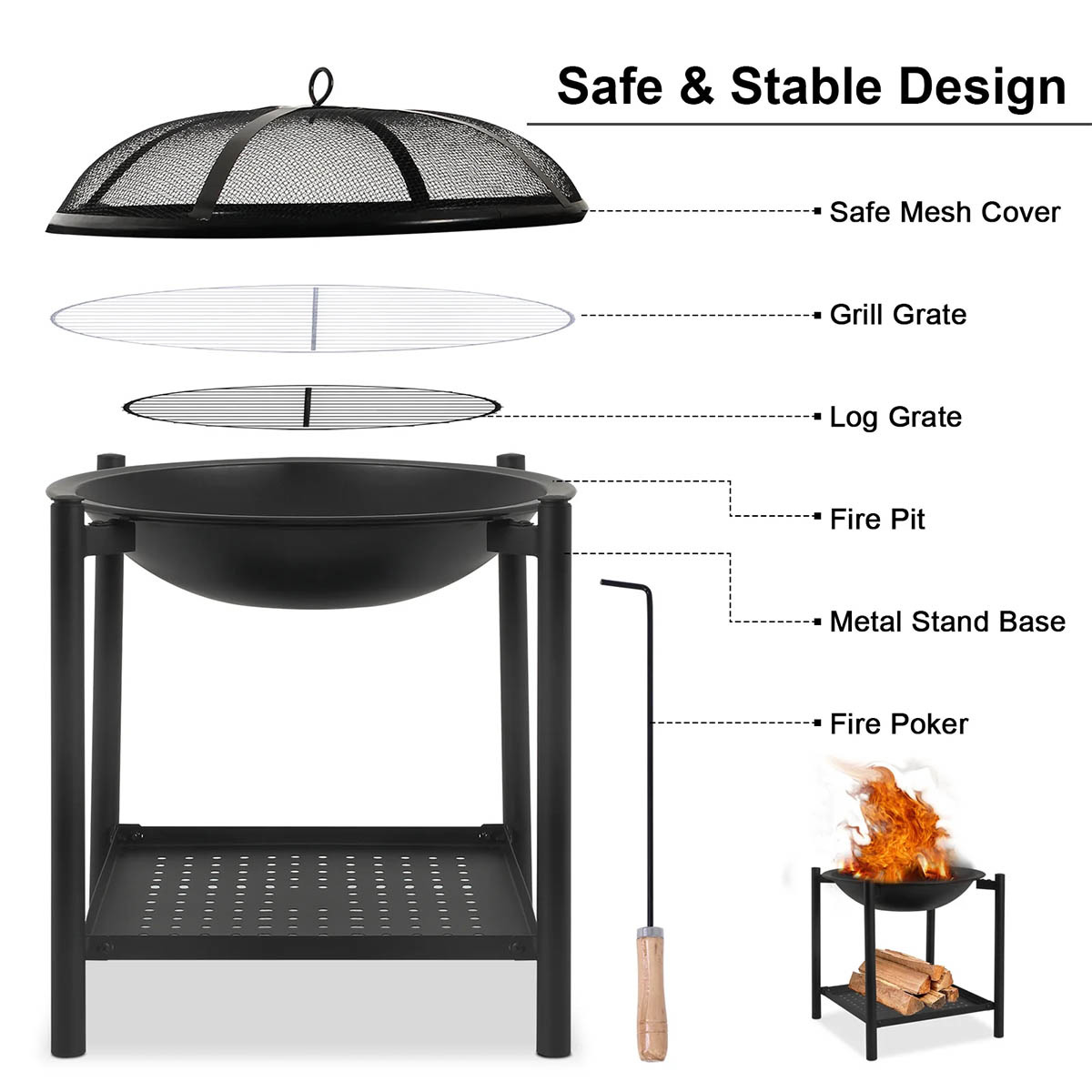 KJ Fire Bowl with Legs & Log Grate Black - WoodandGas Outdoors